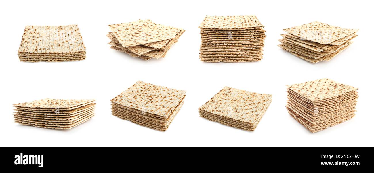 Set with Passover matzos on white background, banner design. Pesach ...
