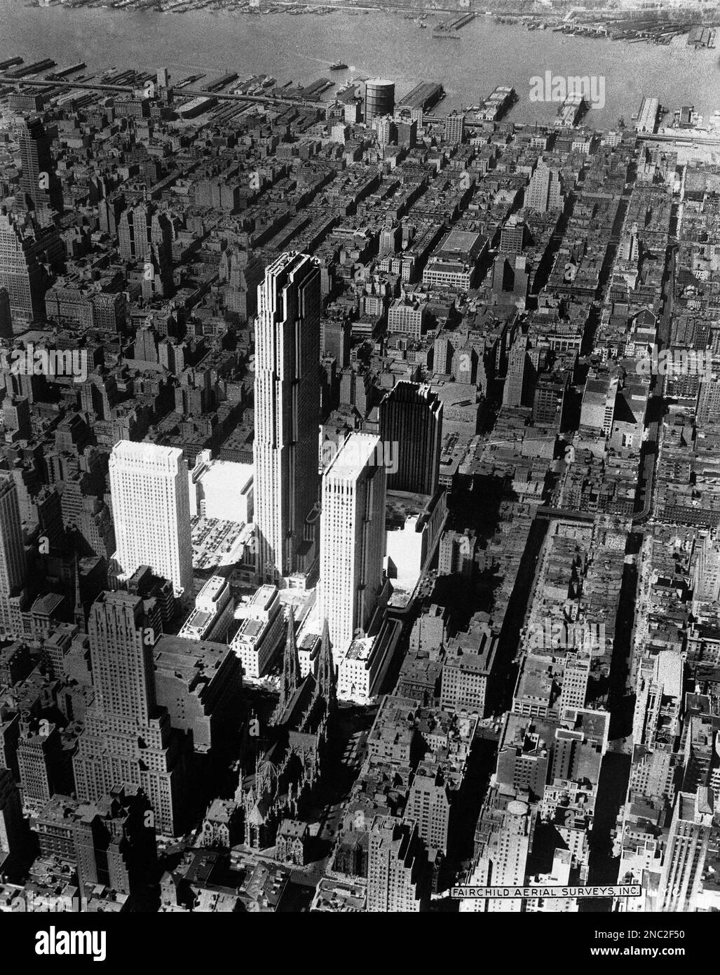 An aerial view of the completed Rockefeller center in New York, United ...