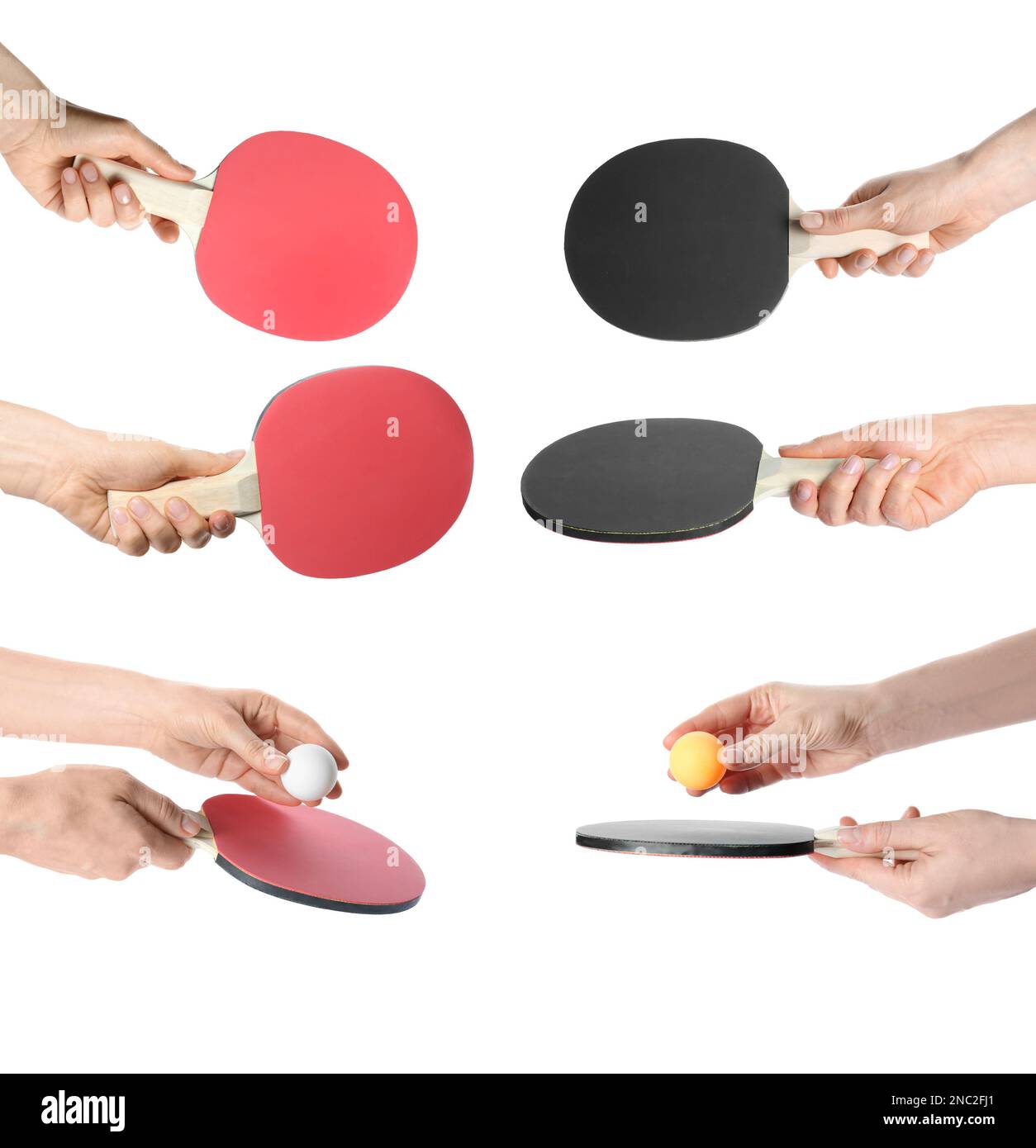 Closeup view of women with ping pong rackets and balls on white ...