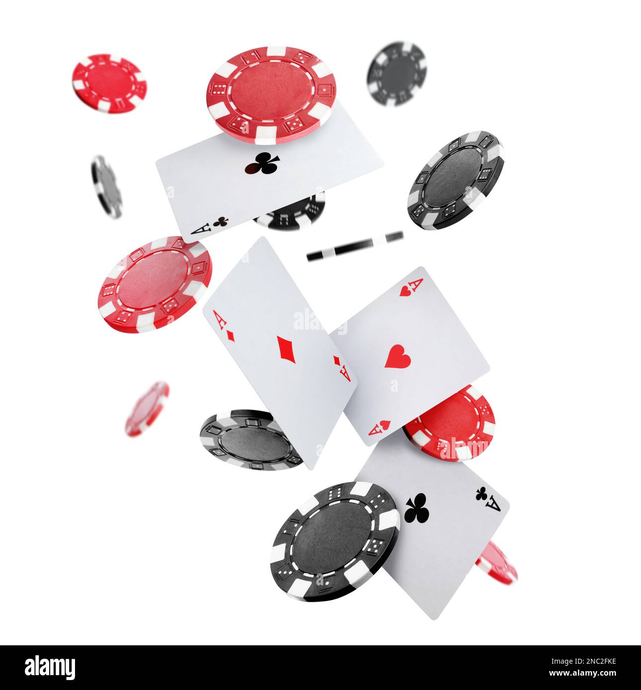 Casino chips and playing cards falling on white background Stock Photo ...