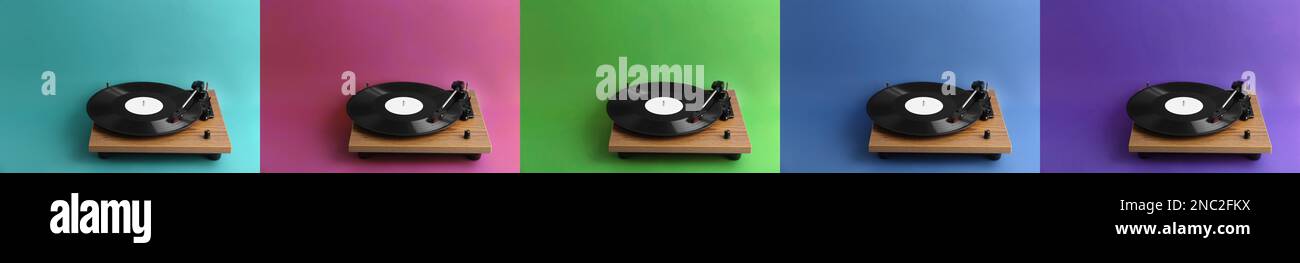 Collage of turntables with vinyl records on different color backgrounds ...