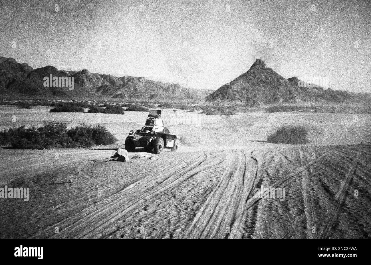 British armored cars plow through the desert in Saudi Arabia on Oct. 16 ...