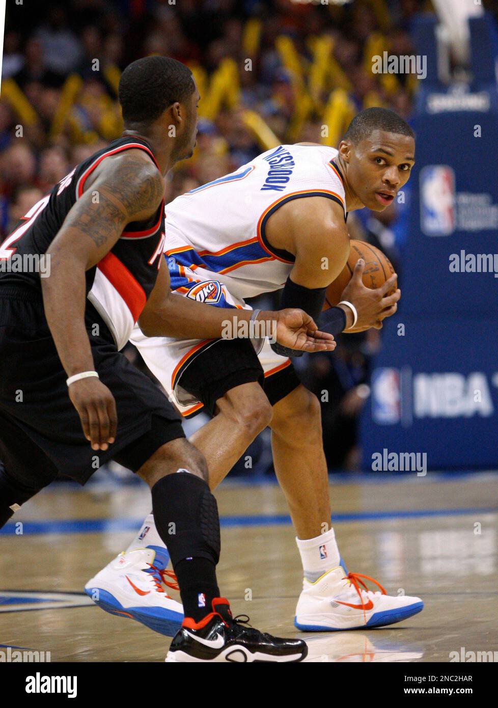 Oklahoma City Thunder guard Russell Westbrook in an NBA basketball game ...