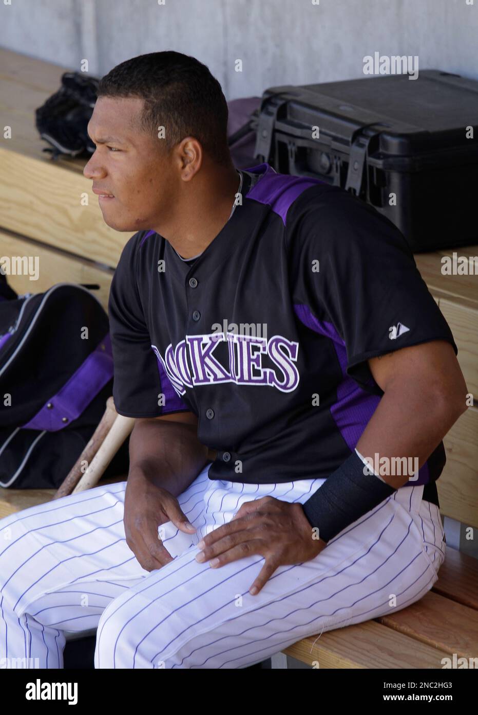 Colorado Rockies third baseman Jose Lopez in the dugout before their ...