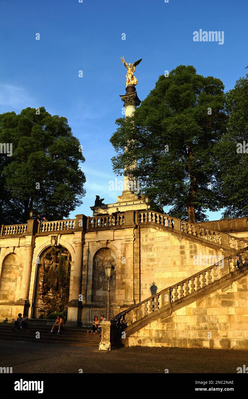 The stairs and statue of the golden angel in Munich, Germany Stock ...