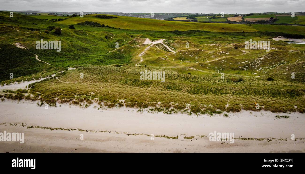 Picturesque sand hills of Ireland, top view. Sand dunes covered with ...