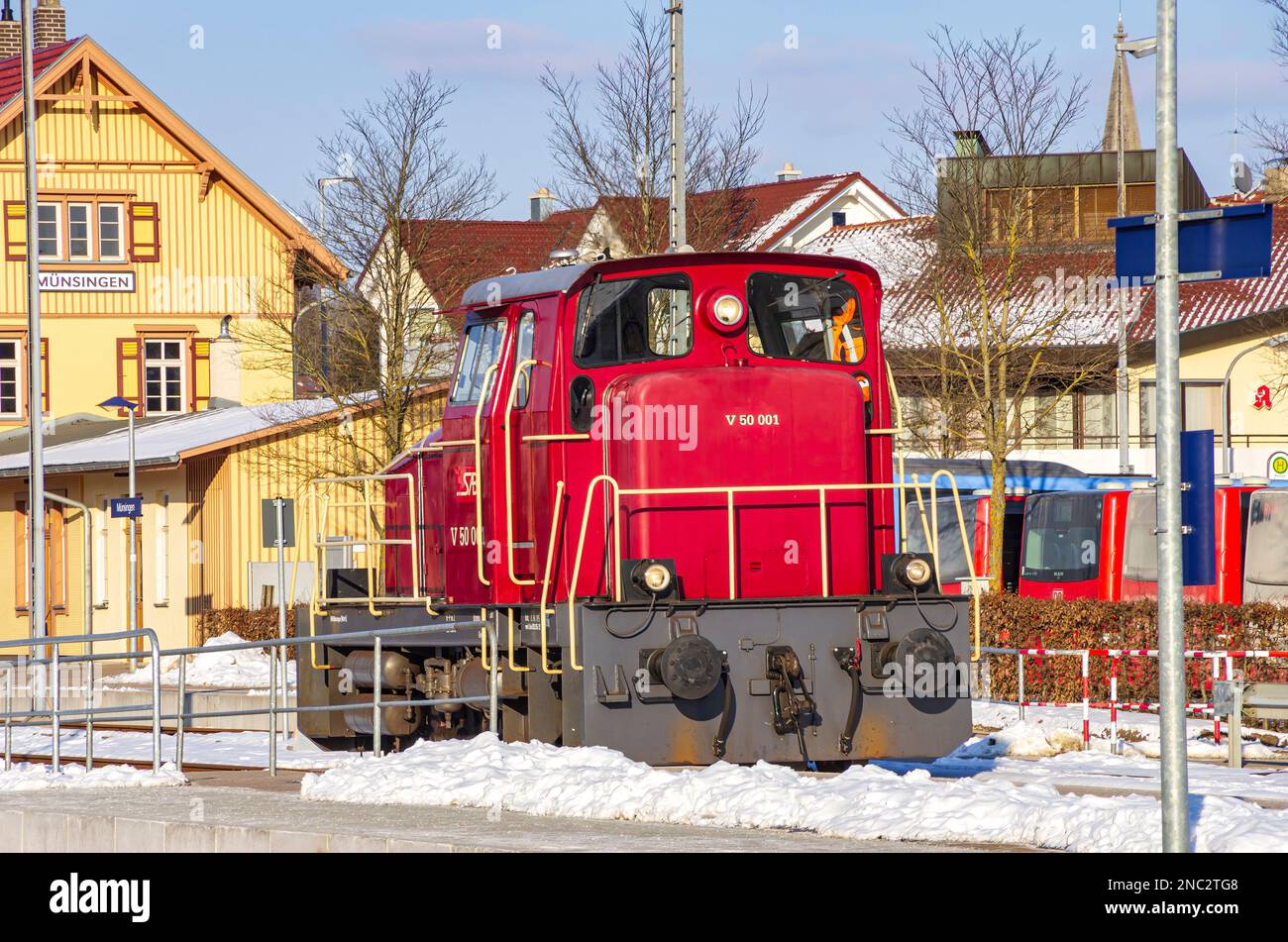 Railway and station scene, diesel shunting locomotive V50 001 of the ...