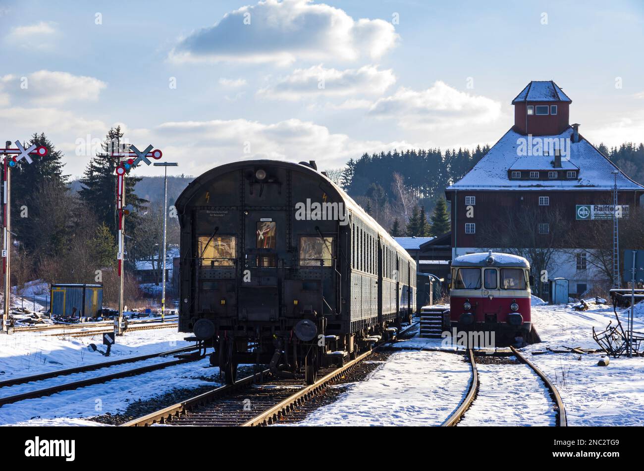 Railway and station scene, Munsingen station, Swabian Alb, Baden ...