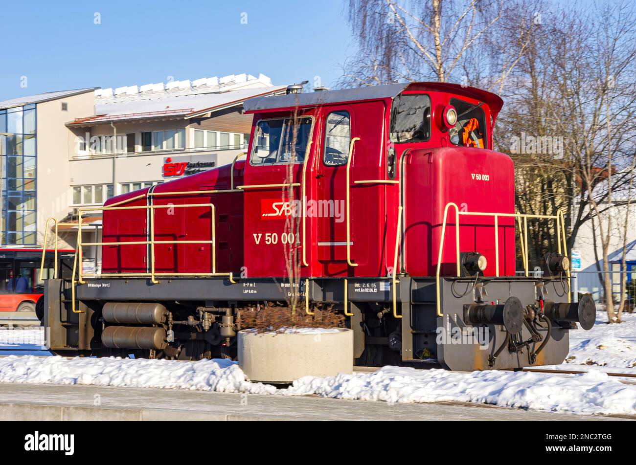 Railway and station scene, diesel shunting locomotive V50 001 of the ...