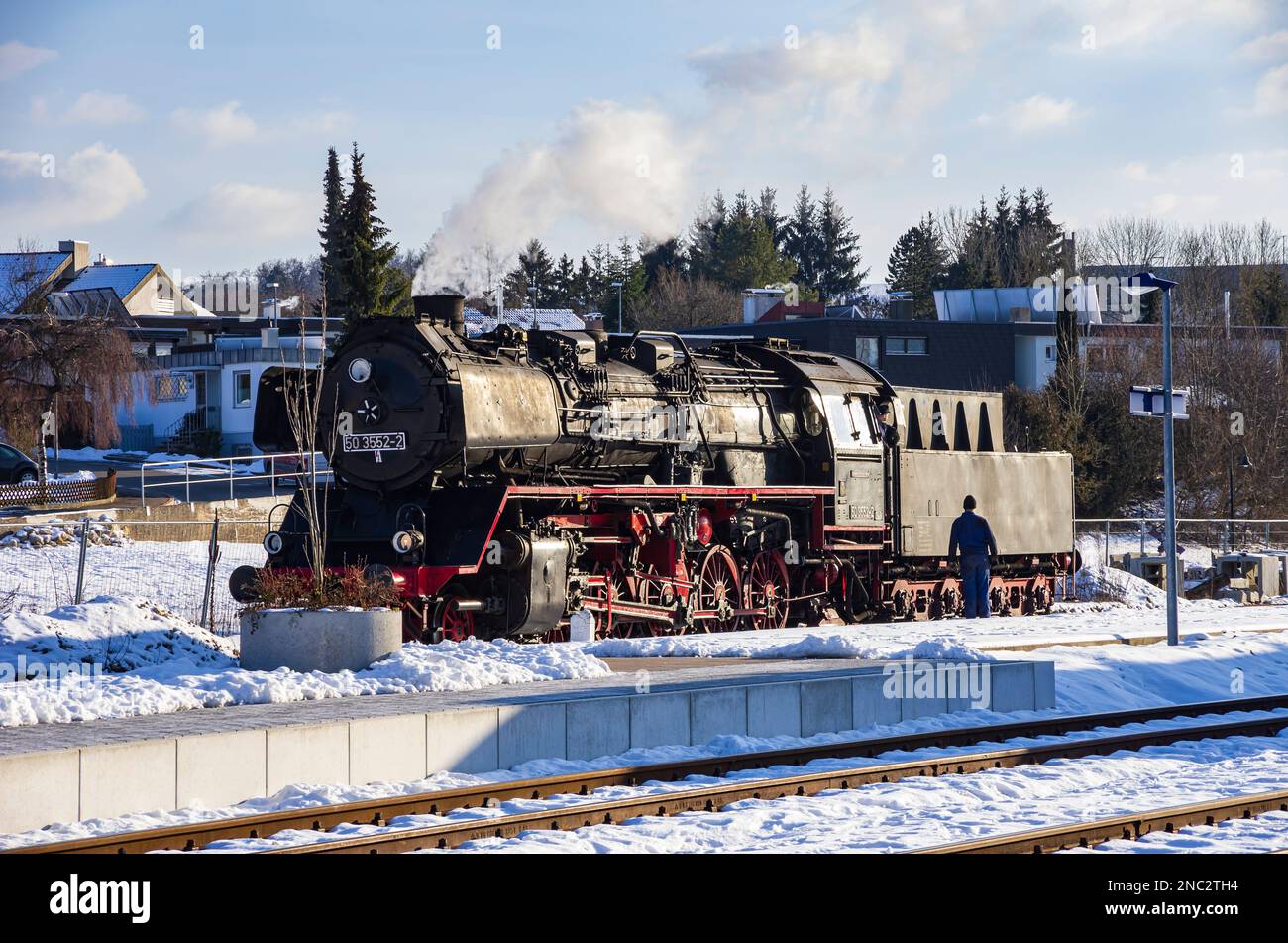 Railway and station scene, steam locomotive 50 3552-2 in service of the ...