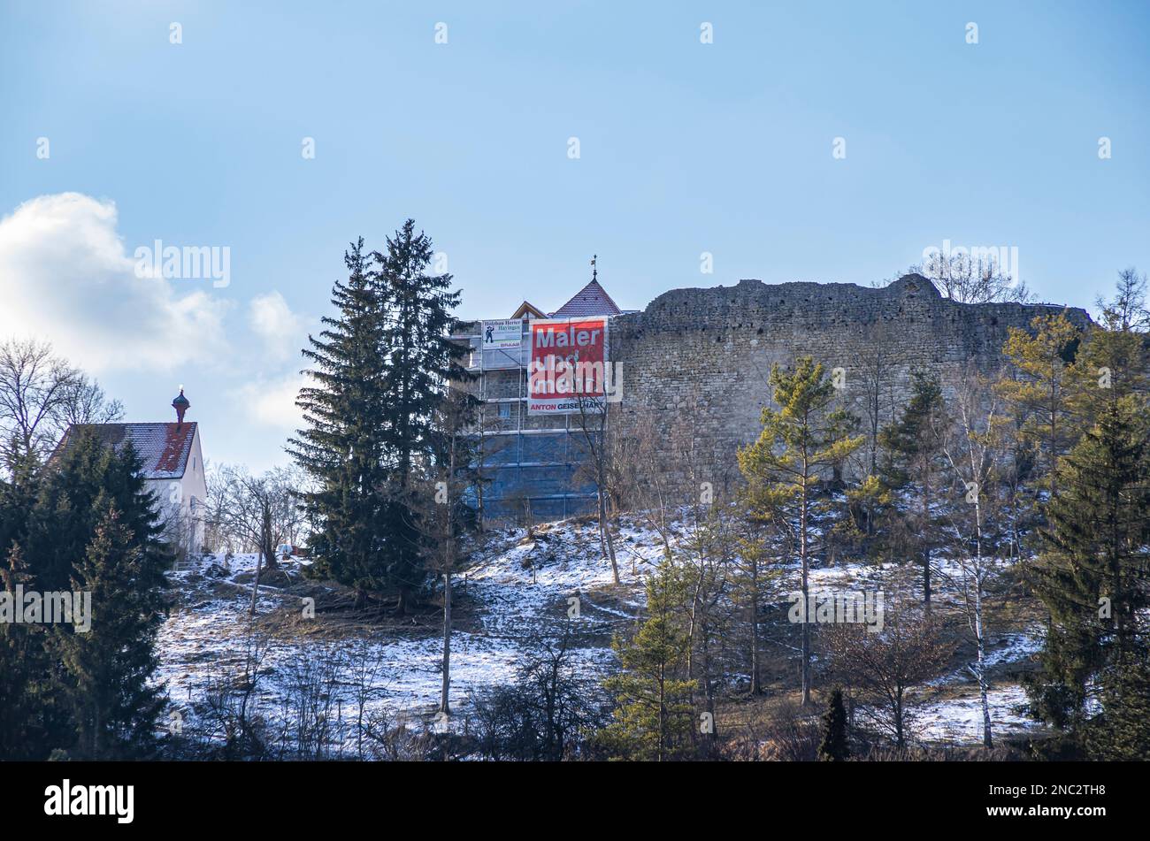 Niedergundelfingen Castle ruins and renovated chapel in the valley of ...