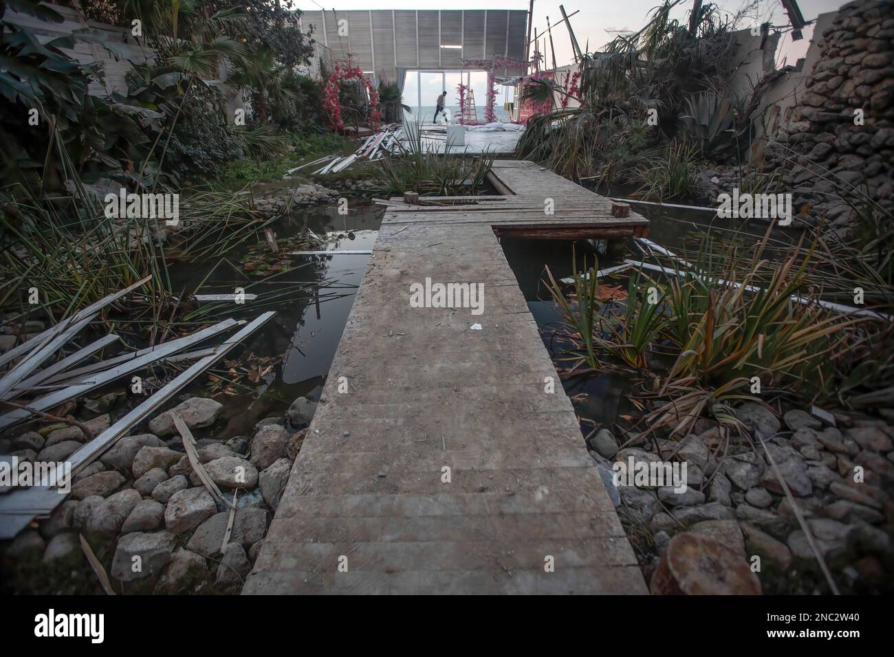 Interior view of a destroyed wedding hall after being attacked by ...