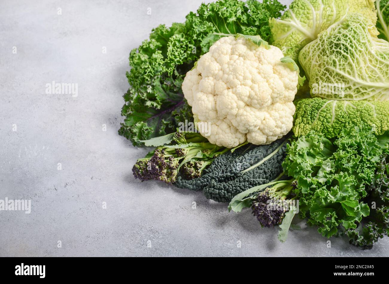 Different kinds of fresh organic cabbage on a gray concrete background ...