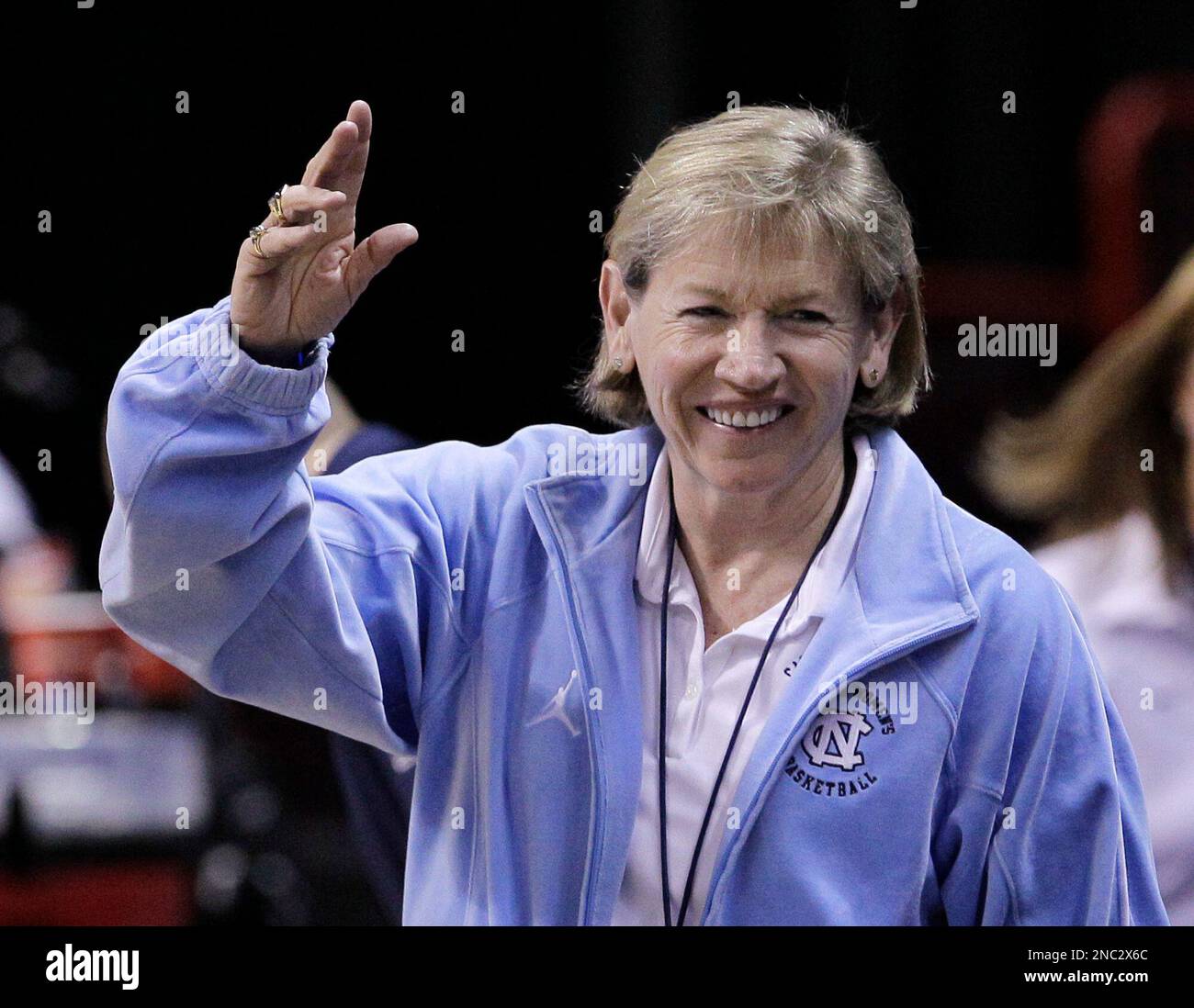 North Carolina coach Sylvia Hatchell waves to a friend before practice ...