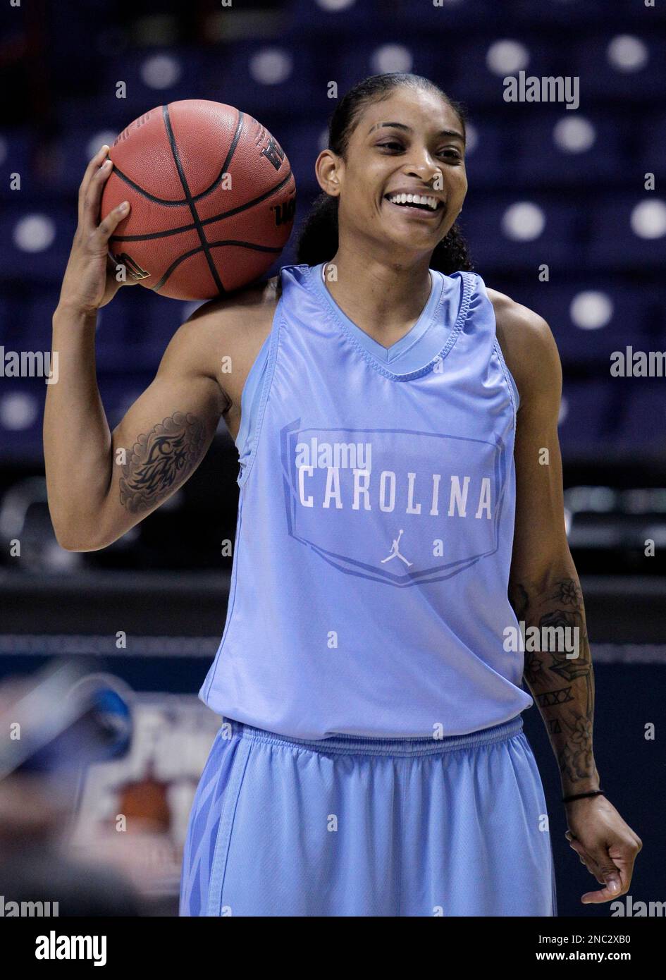 North Carolina's Italee Lucas smiles during practice for an NCAA women ...
