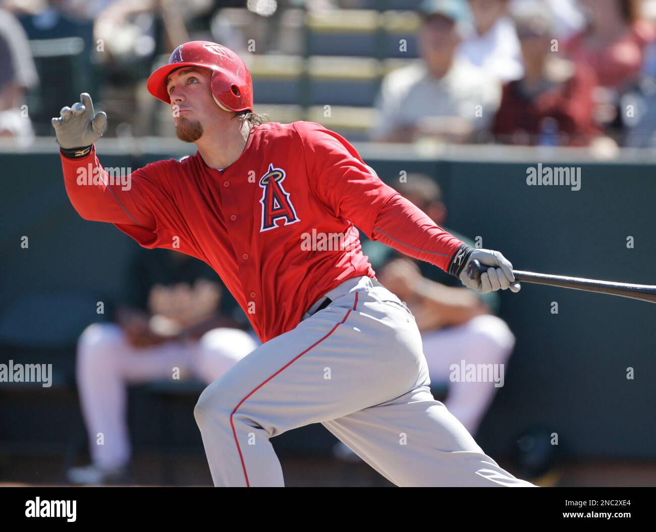 Los Angeles Angels' Jeff Mathis hits a two run homer off Oakland ...