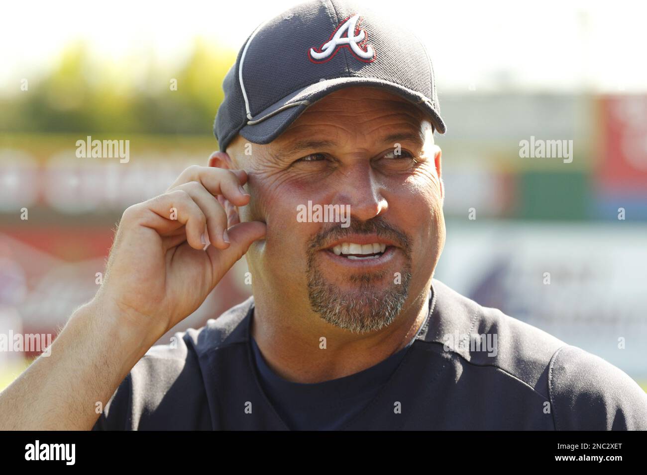 Atlanta Braves manager Fredi Gonzalez talks with reporters before a ...