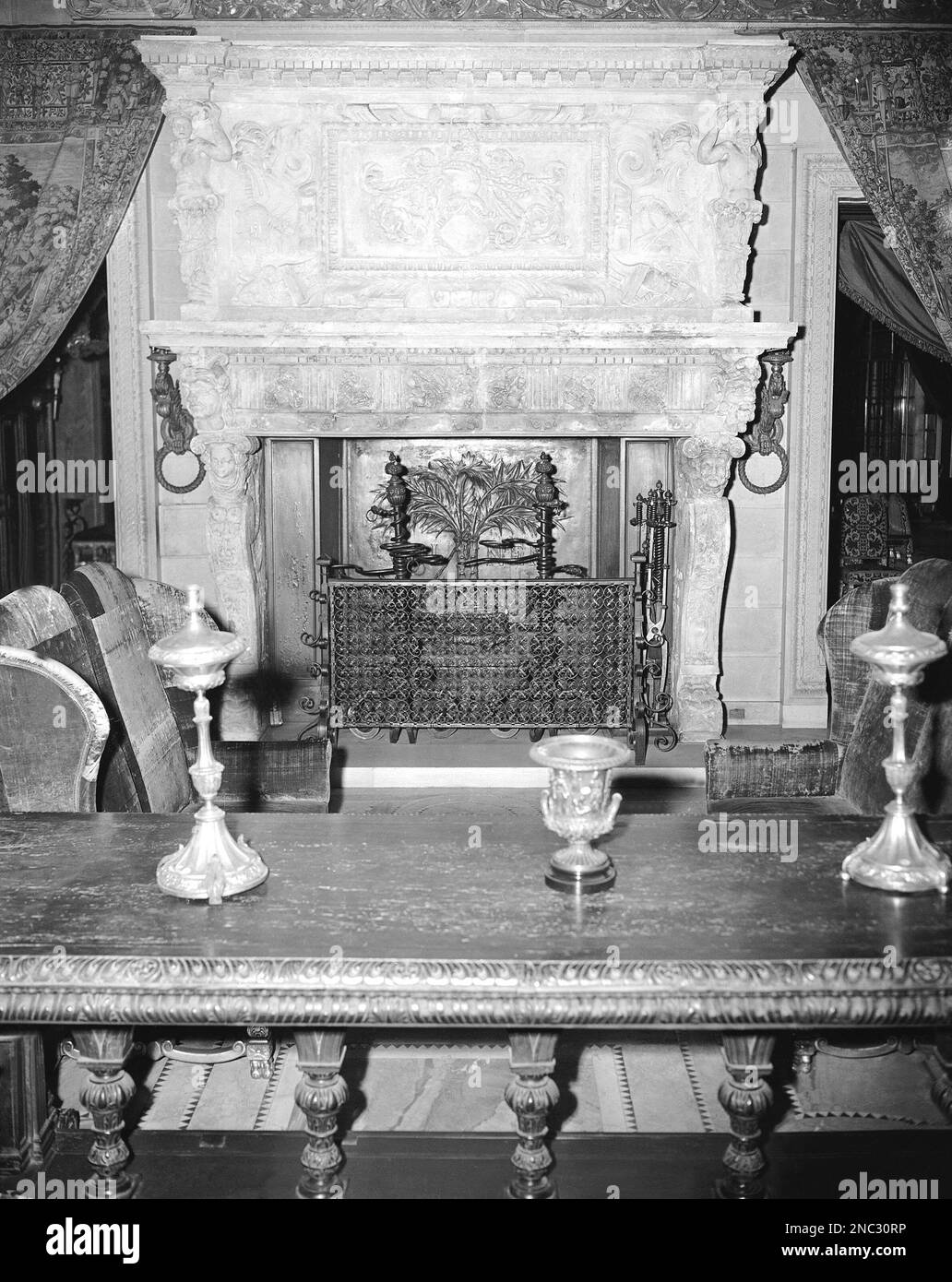 Home of the Harry Payne Whitney shows the fireplace in the grant hall ...