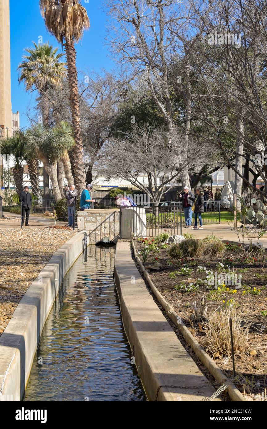 San Antonio, Texas, USA - February 2023: Water irrigation channel ...