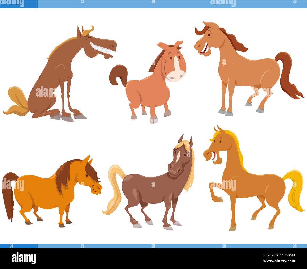 Cartoon illustration of happy horses farm animals comic characters set ...