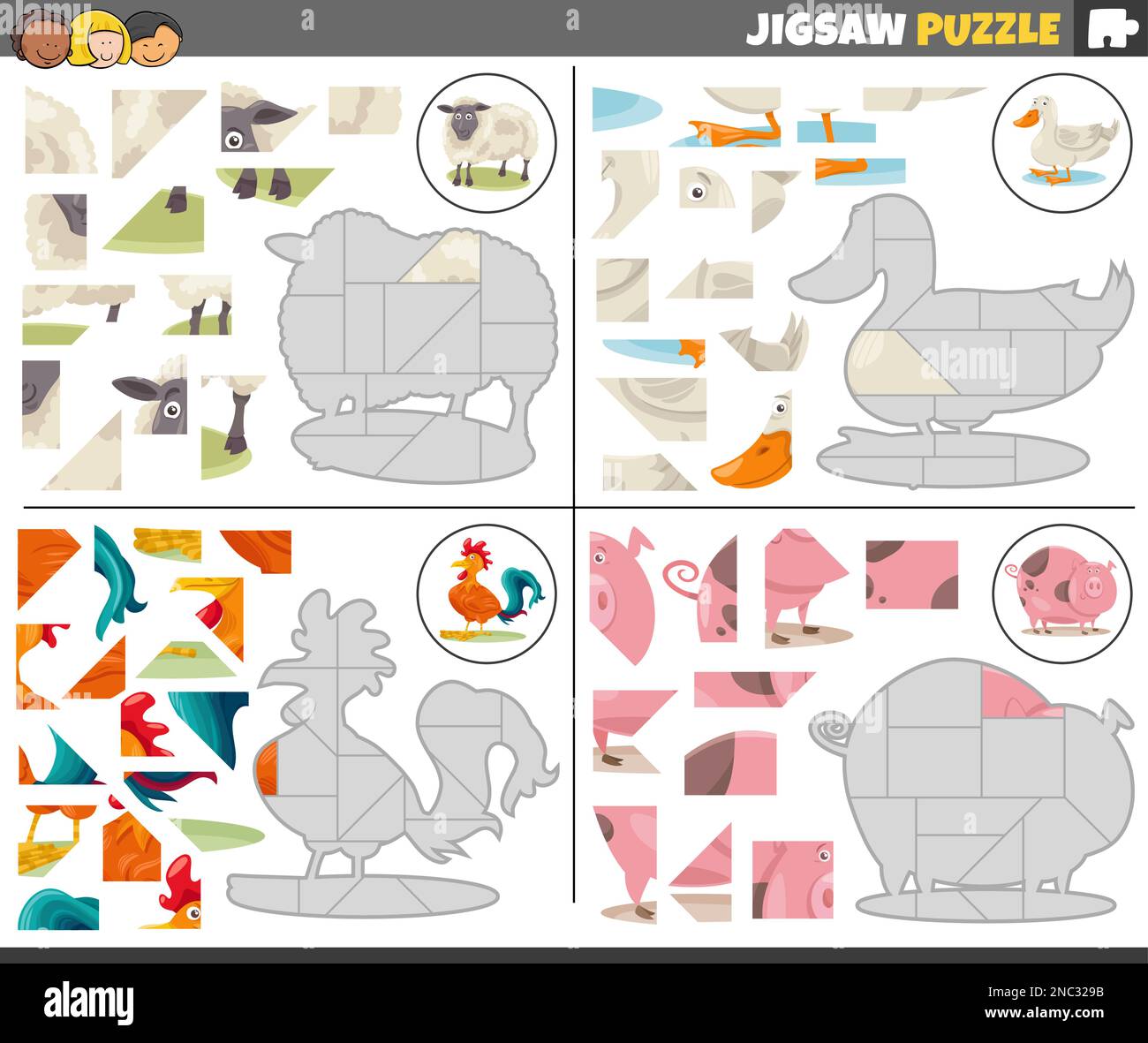 Cartoon illustration of educational jigsaw puzzle games set with cute ...