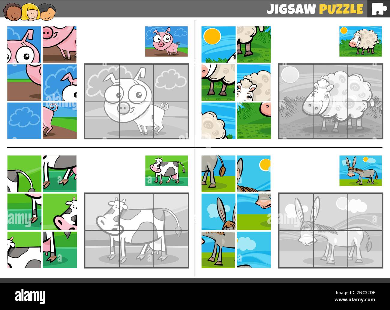 Cartoon illustration of educational jigsaw puzzle games set with farm ...