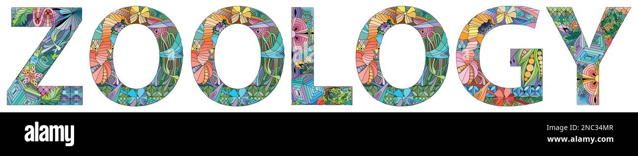 Hand-painted art design. Hand drawn illustration word ZOOLOGY for t ...