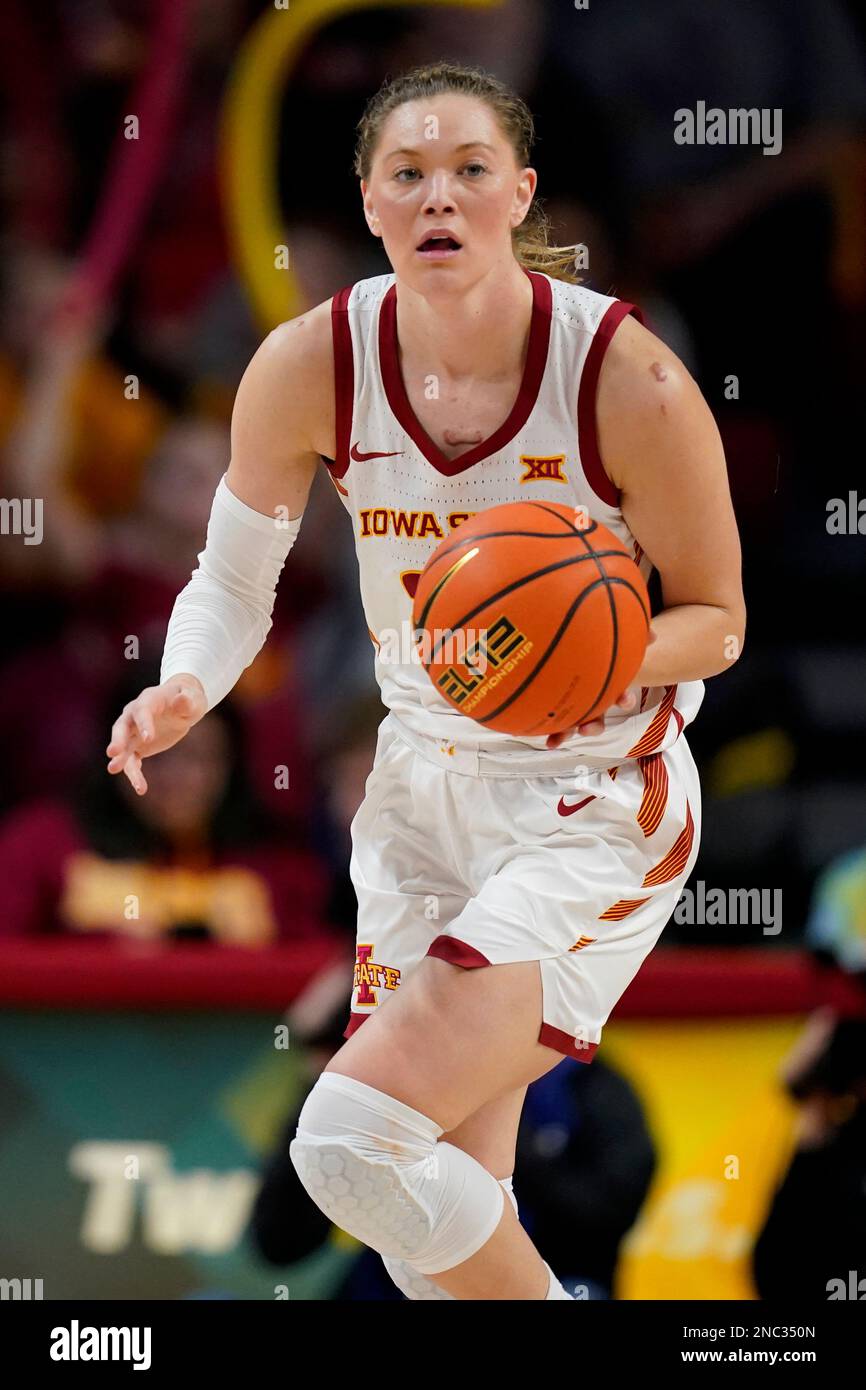 Iowa State guard Ashley Joens drives up court during the first half of ...