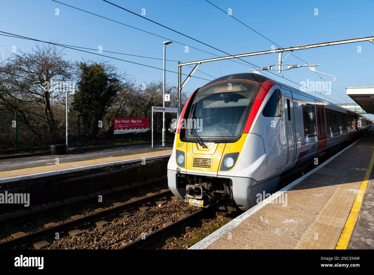 Rochford railway station, on the Greater Anglia line, with Class 720 Aventra train. Abellio ...
