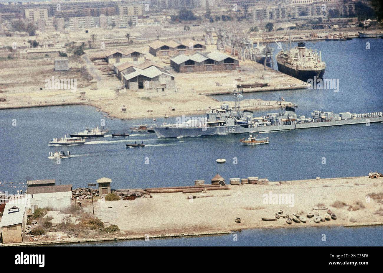 A view of the first shipping passing through the newly reopened Suez ...
