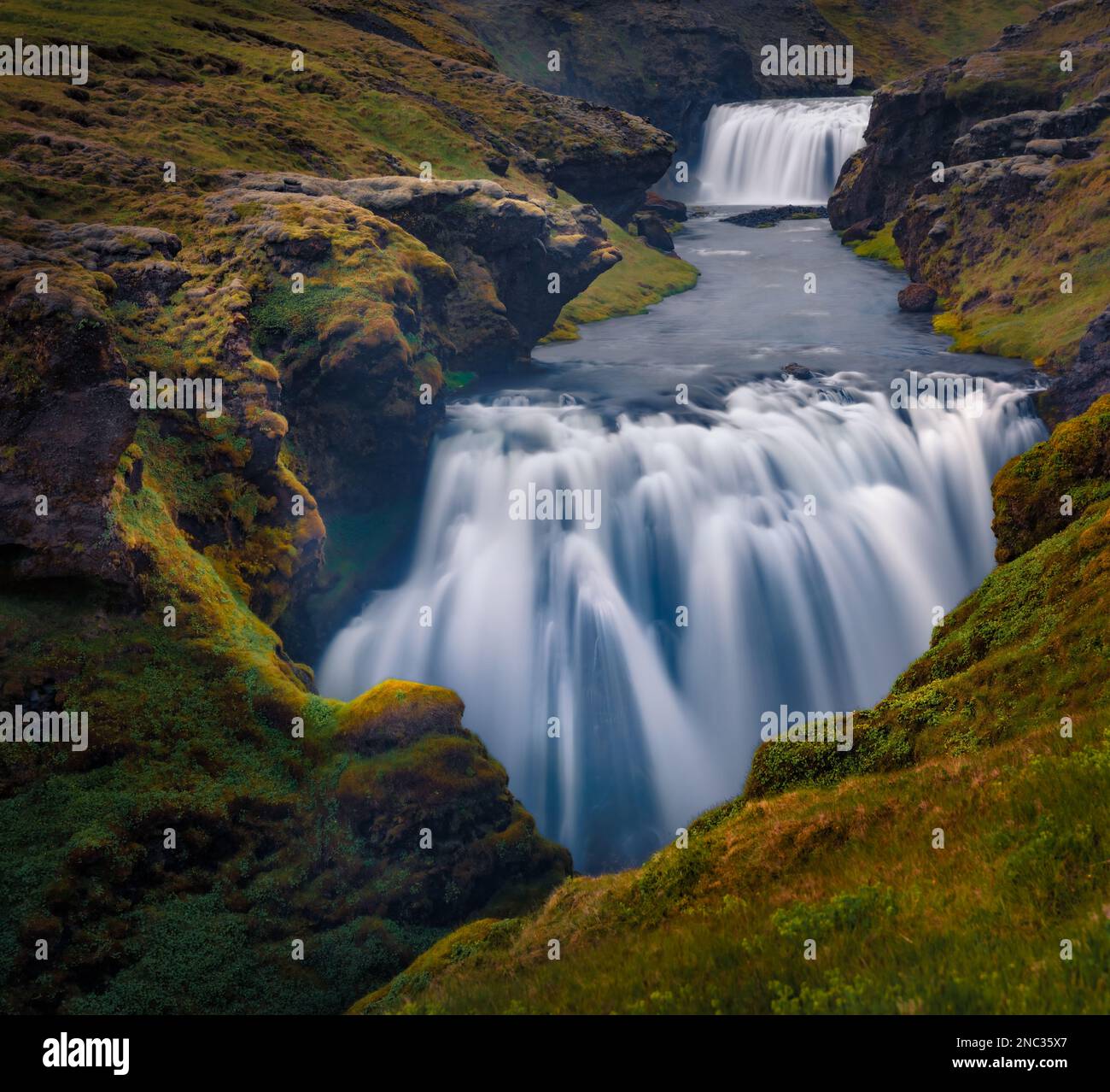 Dramatic summer scenery. Picturesque morning scene of waterfall on ...
