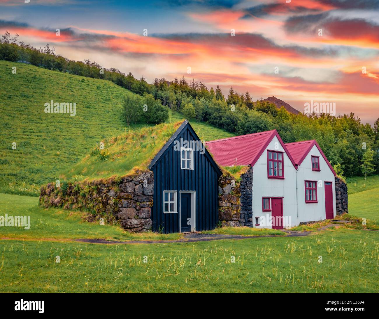 Typical view of Icelandic countryside architecture. Impressive summer ...