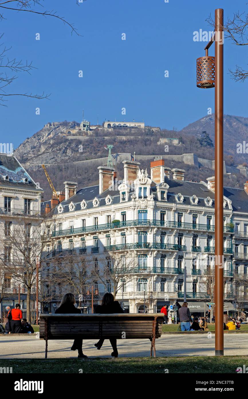 GRENOBLE, FRANCE, February 8, 2023 : Rest on the bench of renewed Place ...