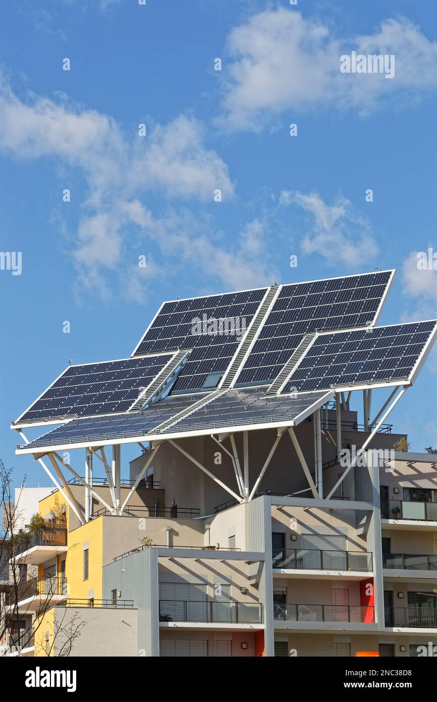 GRENOBLE, FRANCE, February 9, 2023 : Huge solar panels on new building ...