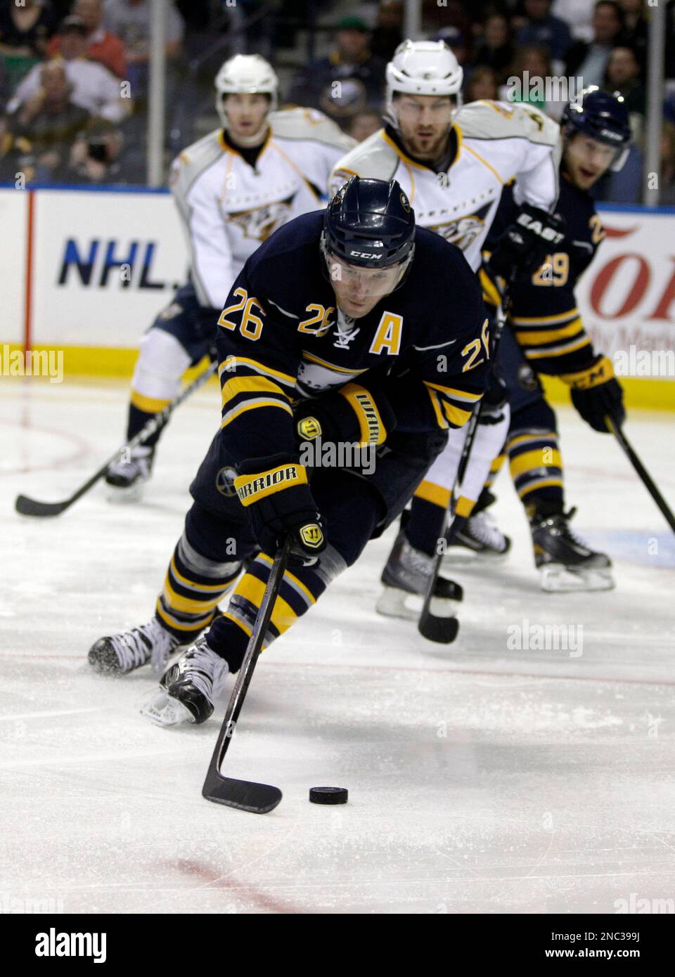 Buffalo Sabres' Thomas Vanek (26) lines up a shot against the Nashville ...