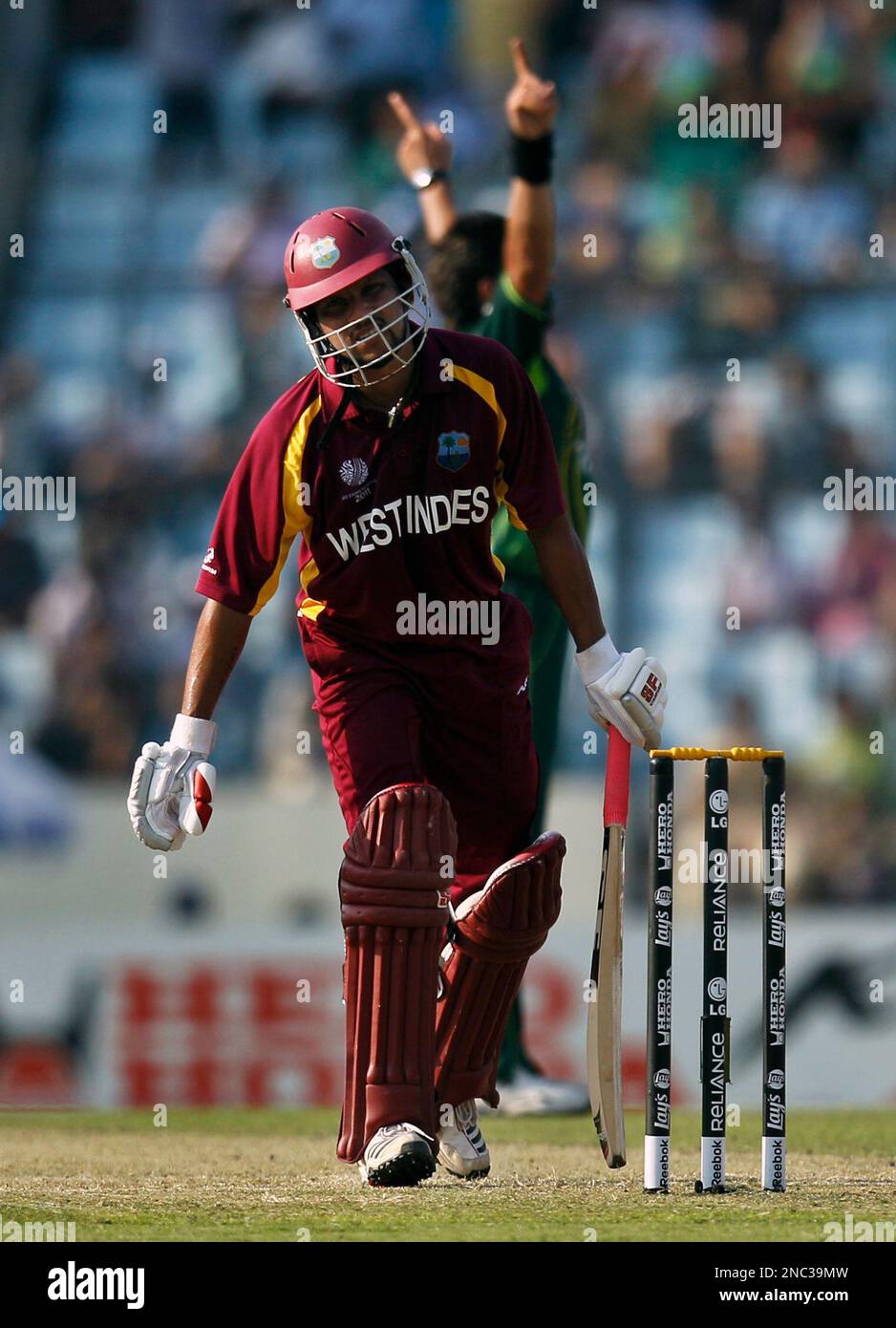 West Indies' Ramnaresh Sarwan reacts after getting out during the ...