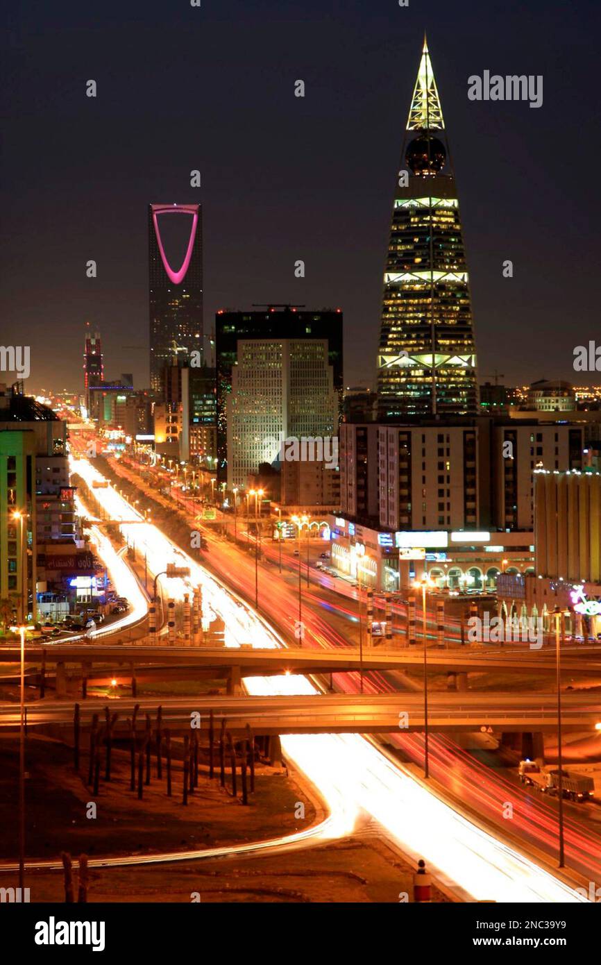 Saudi Arabian city view with the 'Kingdom Tower', background, and 'Al ...