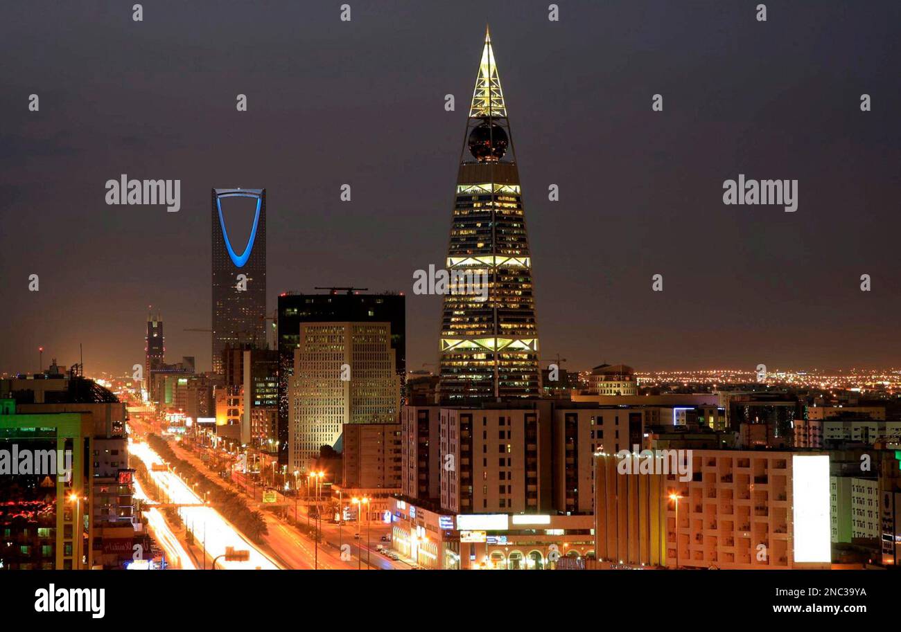 Saudi Arabian city view with the 'Kingdom Tower', background, and 'Al ...