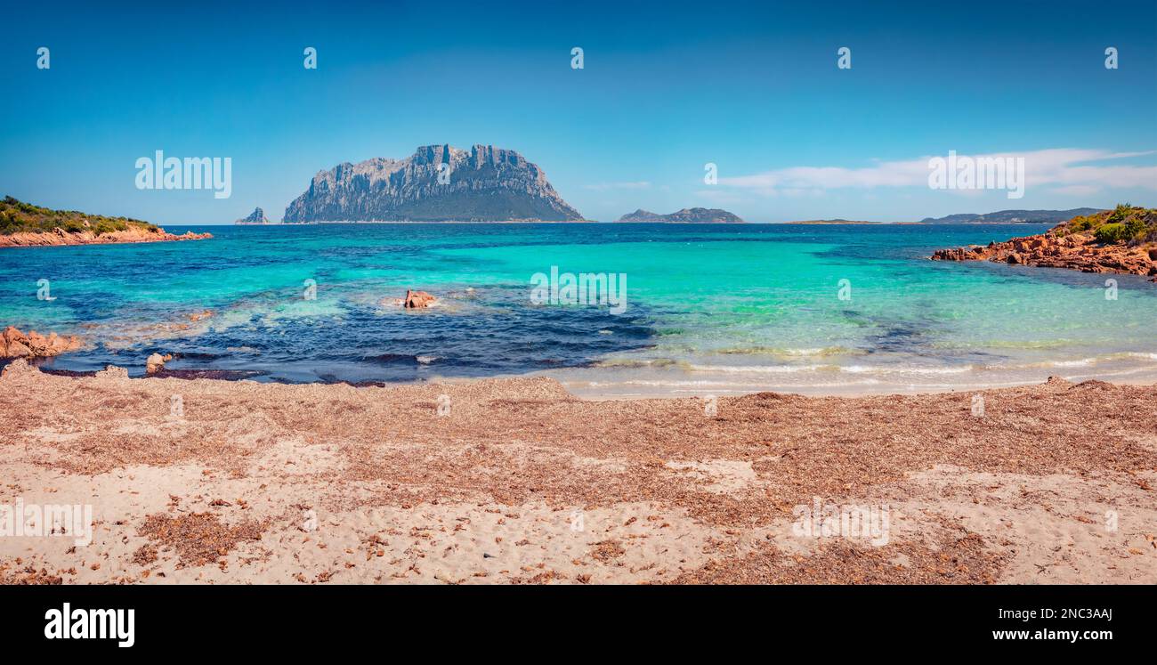 Beautiful marine scenery. Sunny spring view of Tavolara island from ...