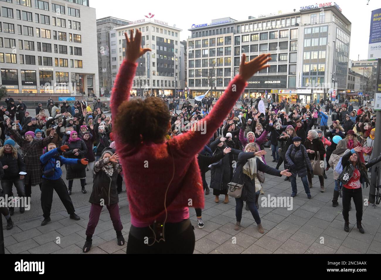 14 February 2023, Hesse, Frankfurt/Main: Participants dance at the "One ...