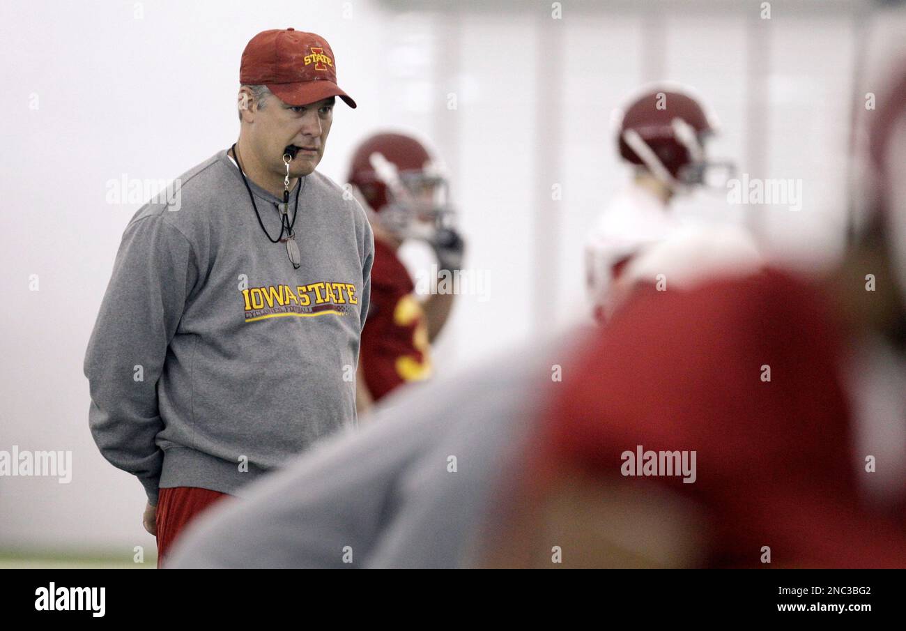 Iowa State coach Paul Rhoads watches his team during the first day of ...