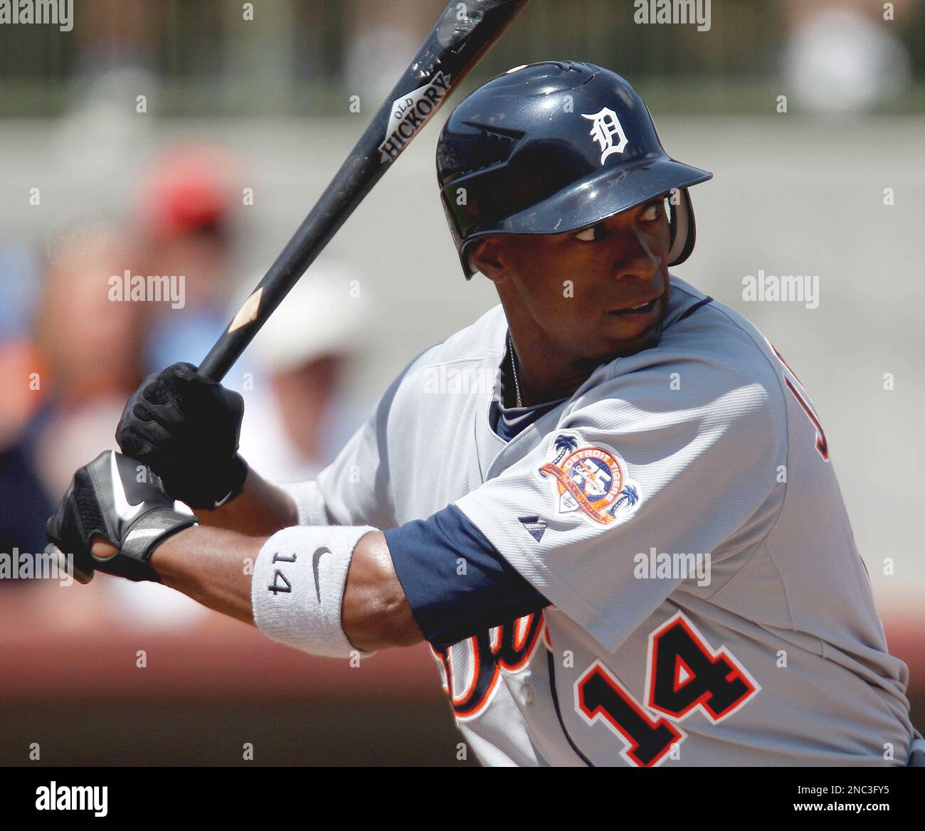 Detroit Tigers left fielder Austin Jackson (14) bats in a spring ...