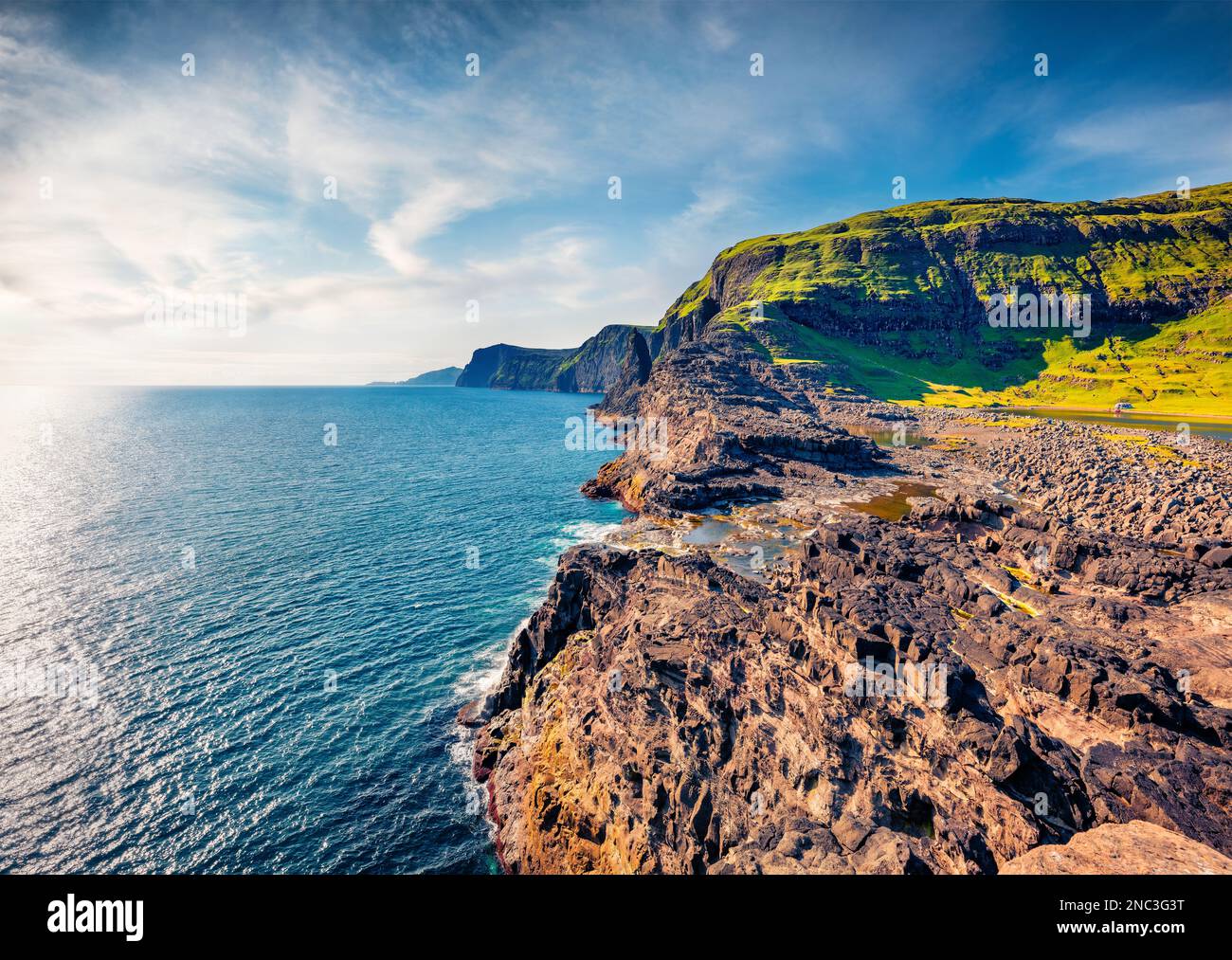 Aerial summer scene of Sorvagsvatn lake, Vagar, Faroe Islands, Denmark ...