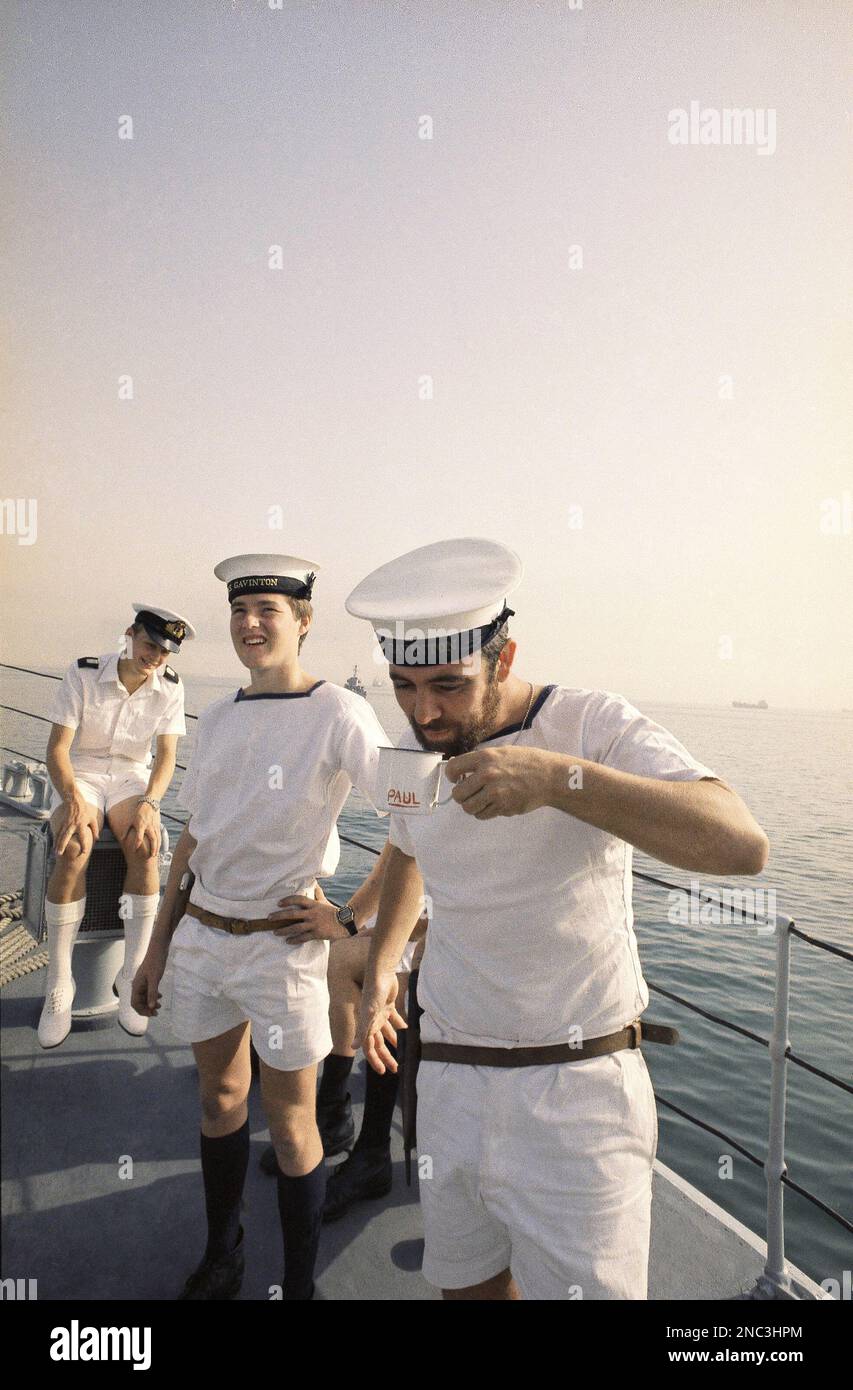 British sailors aboard HMS Gavinton in the Gulf of Suez outside Suez ...
