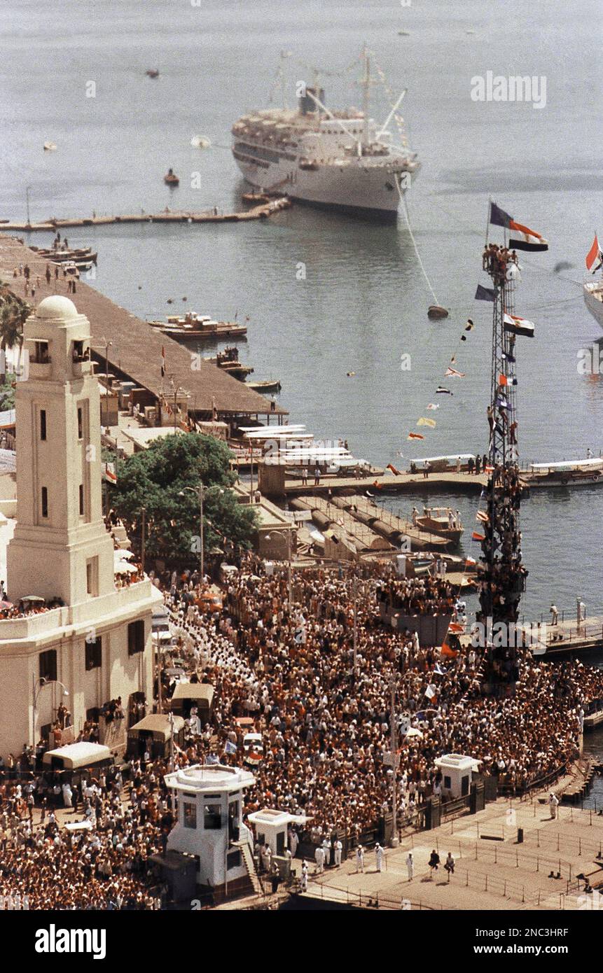 A view of the first shipping passing through the newly reopened Suez ...