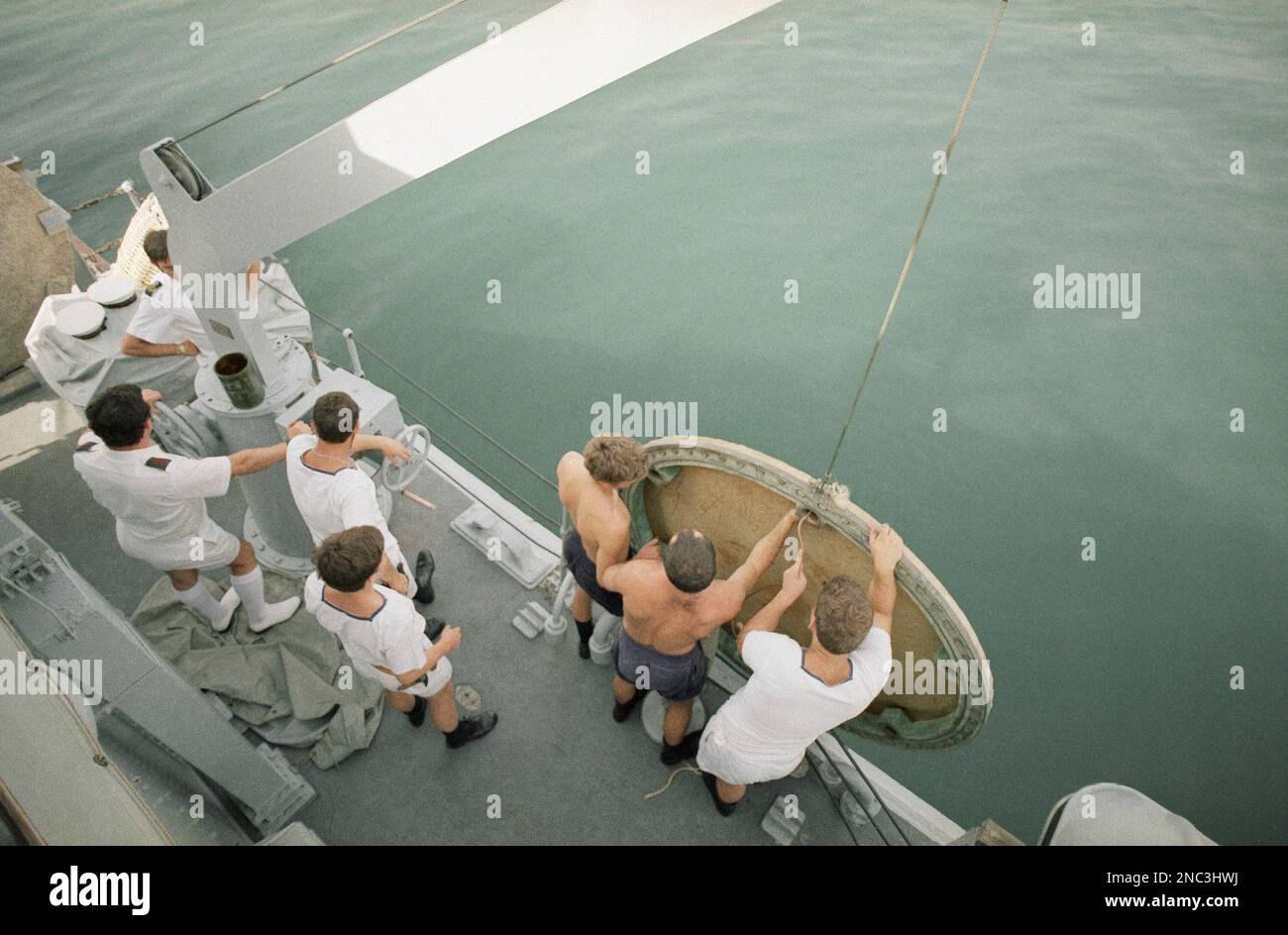 British sailors aboard HMS Gavinton in the Gulf of Suez outside Suez ...