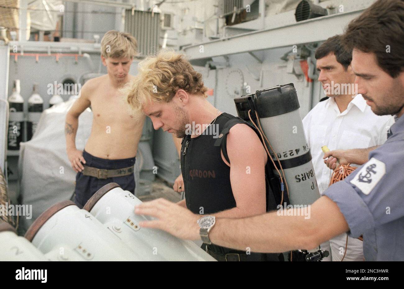 British sailors aboard HMS Gavinton in the Gulf of Suez outside Suez ...