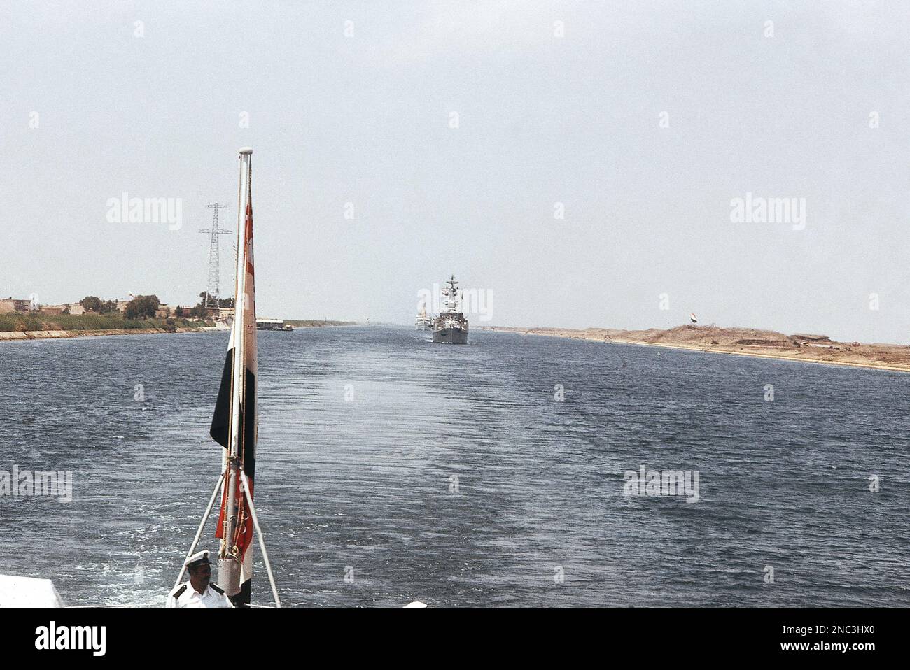 A view of the first shipping passing through the newly reopened Suez ...