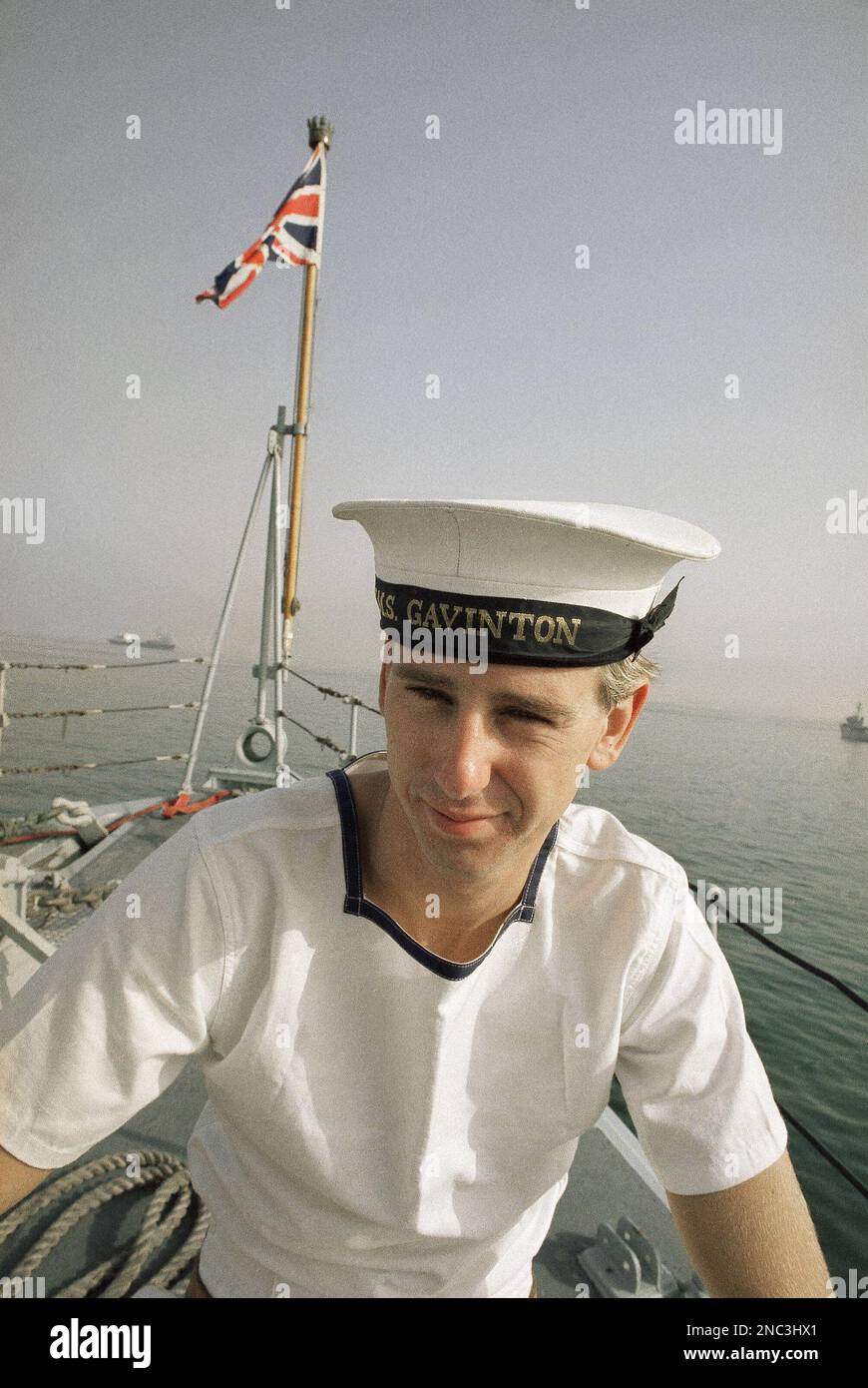 British sailors aboard HMS Gavinton in the Gulf of Suez outside Suez ...