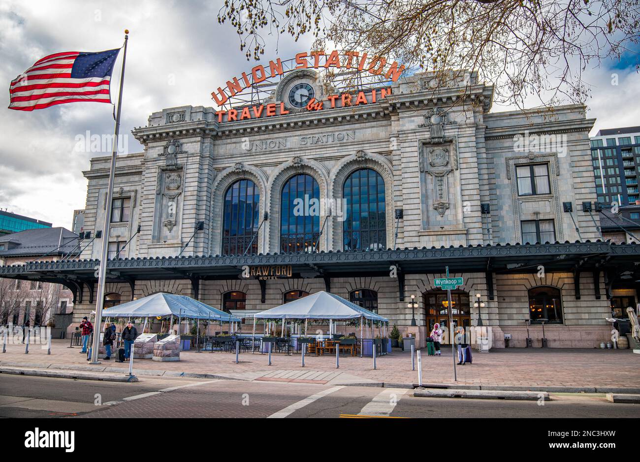 The front entrance to the historic Union Station in downtown Denver ...